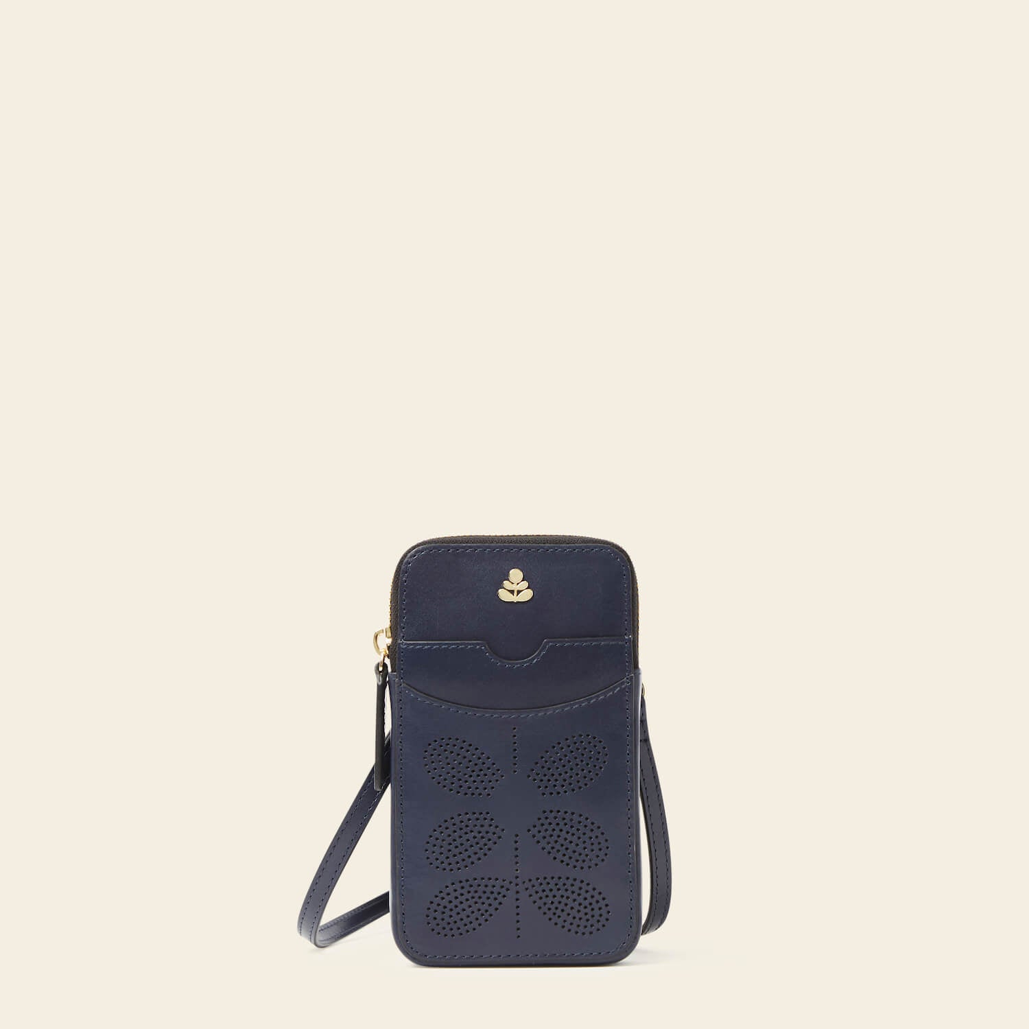 Ariel Leather Phone Case For Women - Navy Blue Punched Flower | Orla Kiely