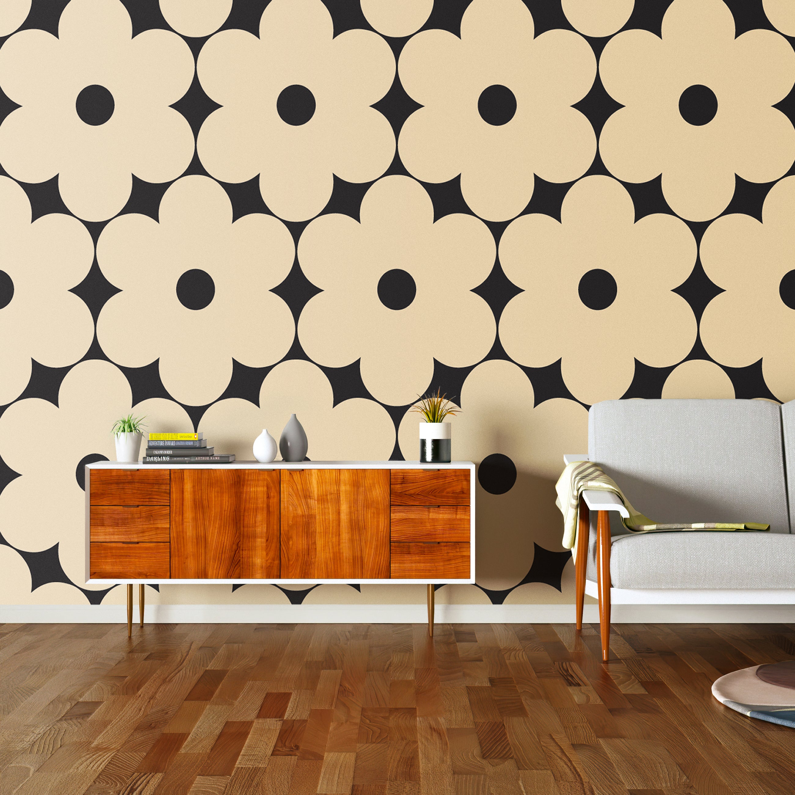 Flower Power Wallpaper Monochrome - 70cm x 10m | Orla Kiely